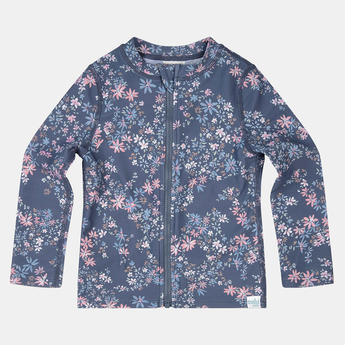 Baby Swim Kids Rashie L/S Full Zip Classic | Blue Floral | UPF 50+ | Toshi